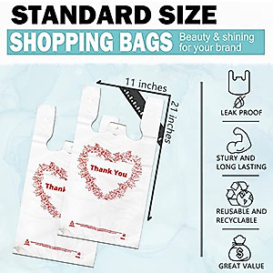 Plastic Shopping Bags, Thank You bags, Reusable and Disposable Grocery Bags, Standard Size Supermarket Bags 11x6x21 100 Pieces (Flower Heart)
