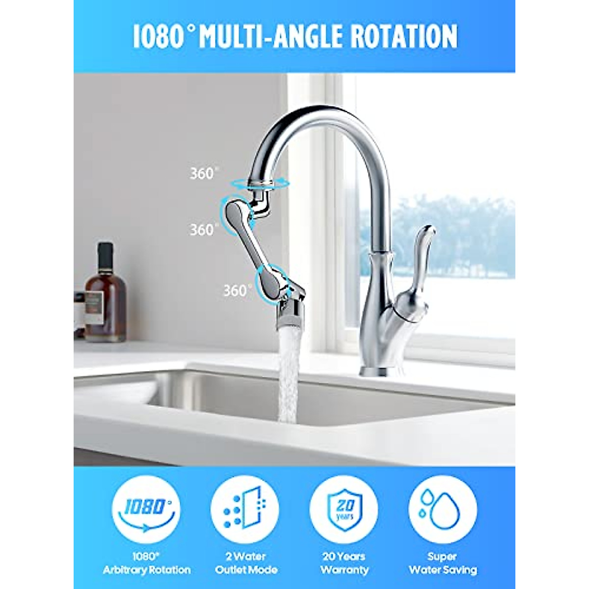 Faucet Extender, 1080 Degree Swivel Faucet Aerator, Large-Angle Rotating Splash Filter Faucet with 2 Water Outlet Modes, Bathroom Rotatable Multifunctional Extension Faucet for Washing Eye/Hair/Face