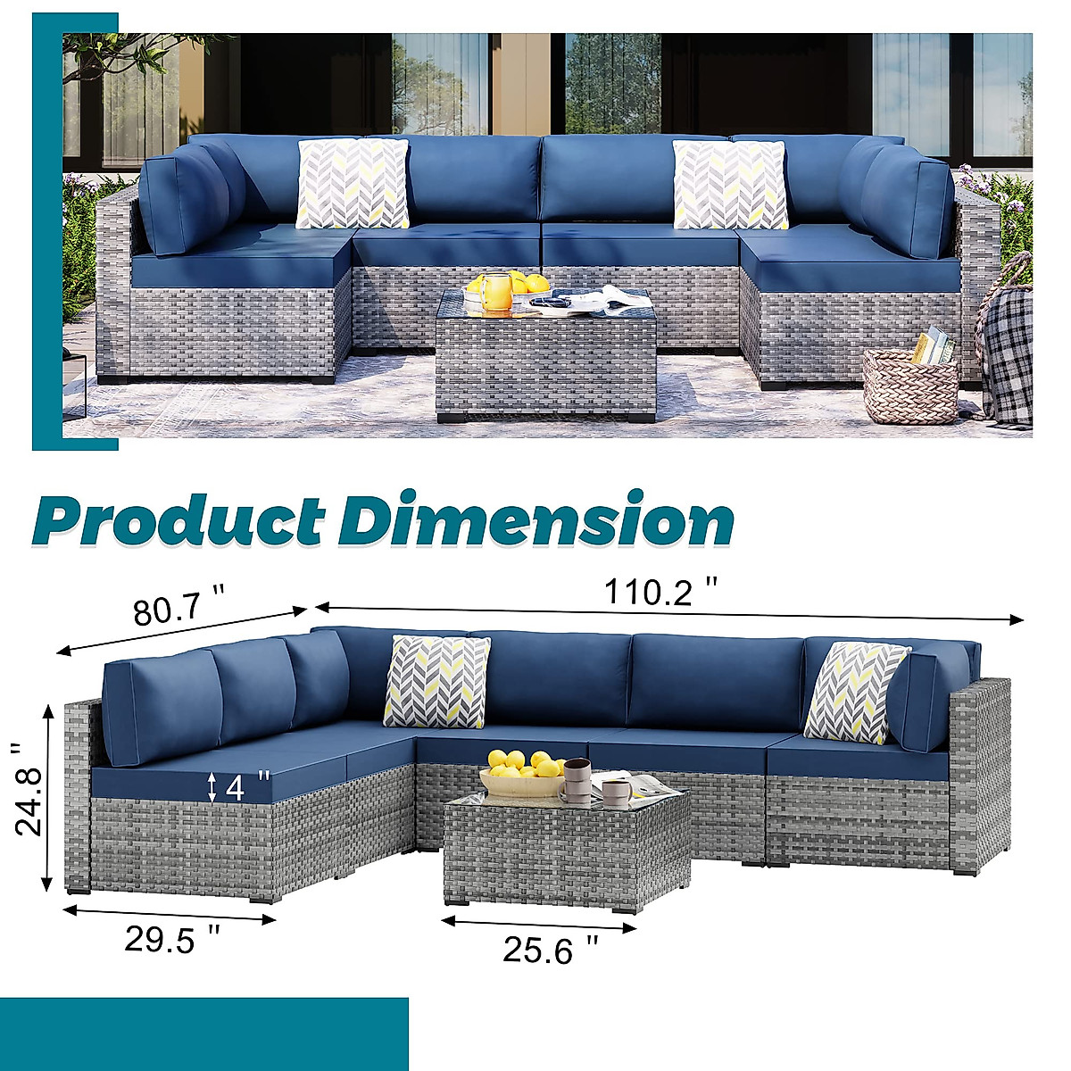 SUNLEI 7pcs Patio Conversation Sets Outdoor Furniture Sets, High Back All-Weather Rattan Sectional Sofa with Tea Table&Washable Couch Cushions(Silver Rattan) (Aegean Blue)
