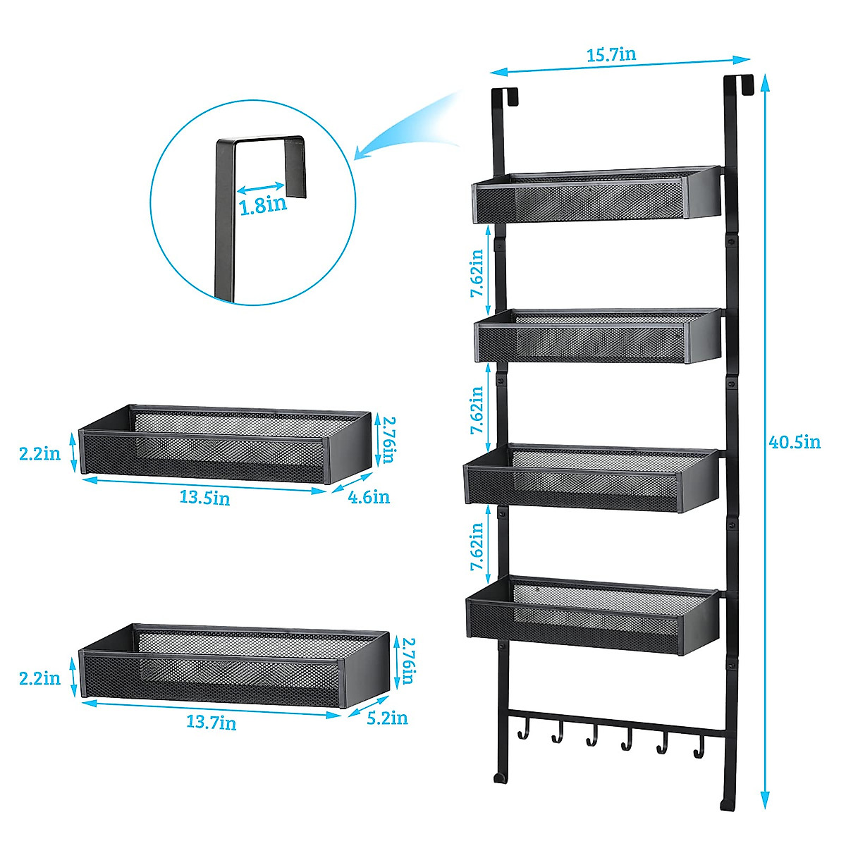 keomaisyto Upgrade Over the Door Organizer with Hooks &Baskets, 5 Tier Wall Mounted Pantry Door Organizer Hanging Spice Rack for Kitchen, Metal Back of Door Storage for Spice Snack Black
