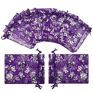 Ankirol 100pcs Sheer Organza Favor Bags Purple Butterfly Print for Wedding Bags Samples Display Drawstring Pouches (4x6)