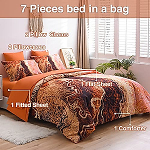 A Nice Night Marble Like Burning Mountain Printed Bedding Set,Retro Style Watercolor Artwork Design,Ultra Soft Comforter Set,7pcs Bed in a Bag,Queen,Orange