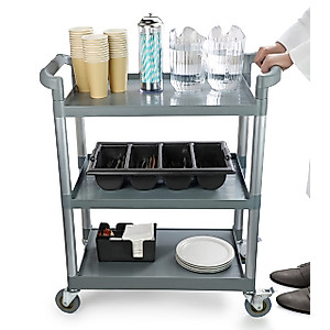 New Star Foodservice 54545 250-Pound Plastic 3-Tier Utility Bus Cart with Locking Casters, 32" x 16" x 38", Gray