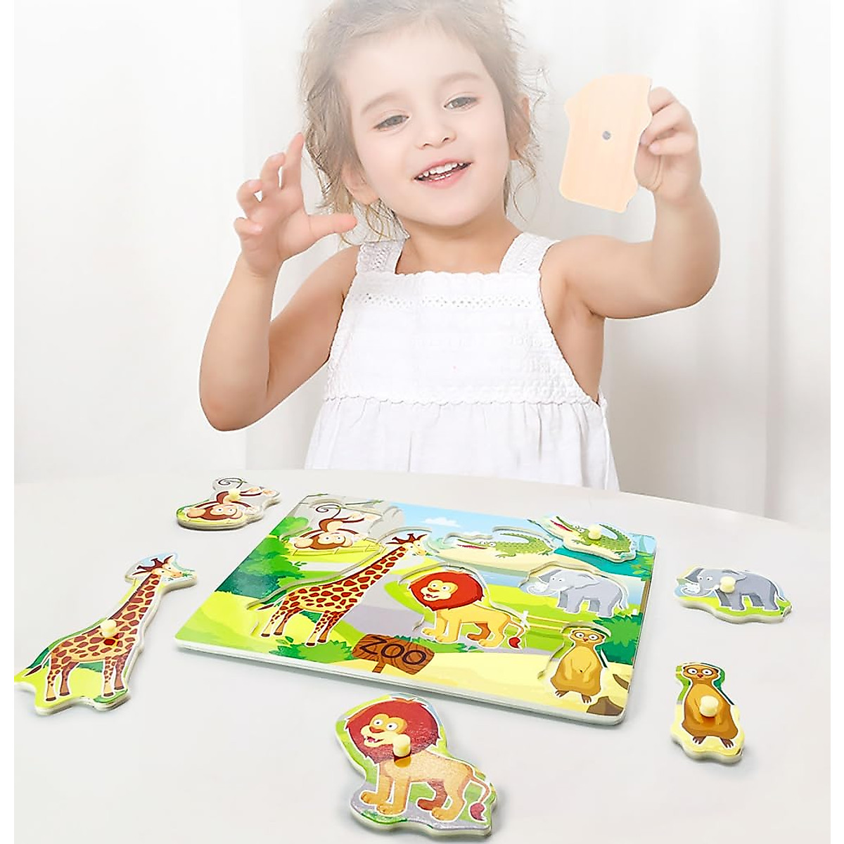 Wooden Peg Baby Puzzles, Full-Color Pictures Animal Shape Chunky Puzzle, Jumbo Knob Zoo Puzzle for Toddlers 18 Months and Up, 6Pieces