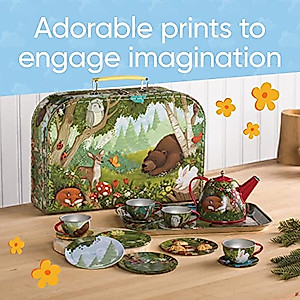 Hearthsong 15-Piece Woodland-Themed Tin Tea Set, Serves 4, 11½”L x 3½”W x 7¾”H Carrying Suitcase, Woodland Themed, Ages 3 and Up