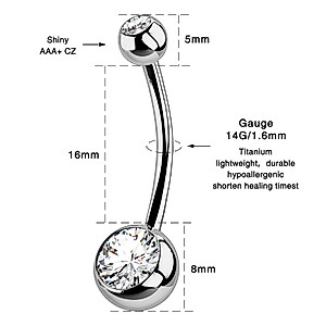 OUFER 16mm Titanium Belly Button Rings Internally Threaded Navel Piercing Jewelry Round CZ Belly Ring for Women