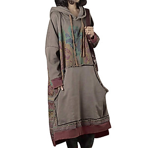 YESNO JFD Women Long Casual Hooded Sweatshirt Dress Ethnic Floral Print Color Block Hemline/Kangaroo Pocket (JFD Khaki, one_size)