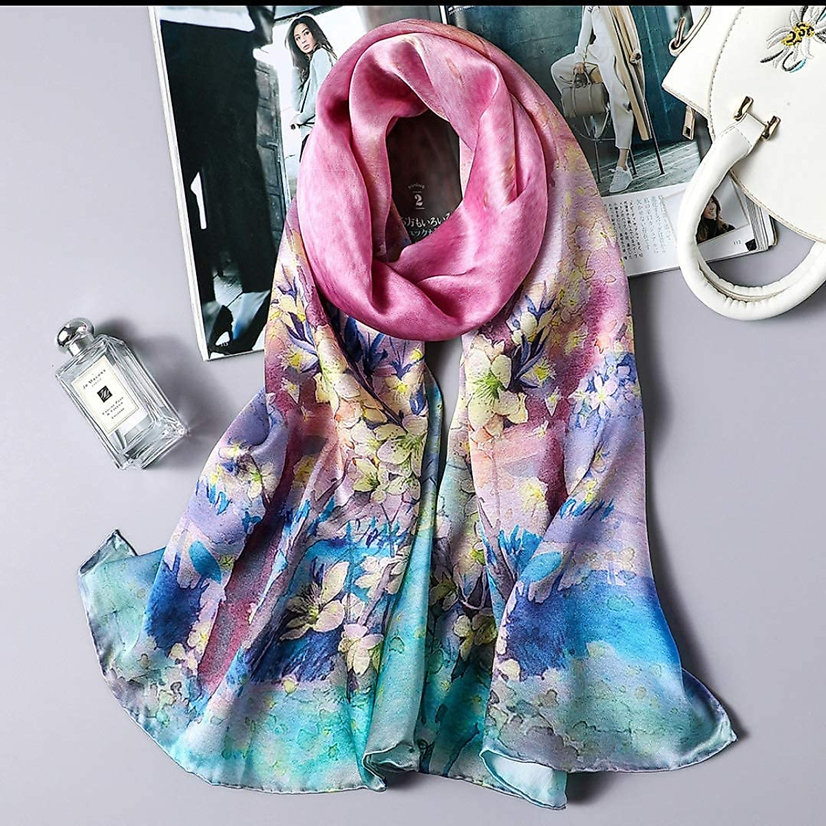 ANDANTINO 100% Mulberry Silk Long Scarf for Women Large Shawls for Headscarf and Neck- Oblong Hair Wraps with Gift Packed (Pink&Yellow Blossoms)