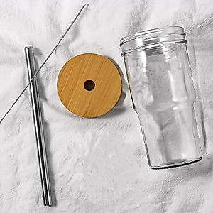 4 Pack Glass Cups with Bamboo Lids and Straws,22 oz Glass Tumbler with Straw and Lid,Reusable Boba Cup Smoothie Cup Iced Coffee Cup Wide Mouth Mason Jar Cups Drinking Glasses for Bubble Tea,Juice,Gift