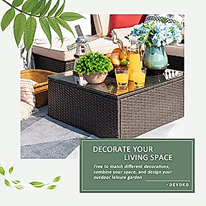 Devoko 5 Pieces Patio Furniture Sets All Weather Outdoor Sectional Patio Sofa Manual Weaving Wicker Rattan Patio Seating Sofas with Cushion and Glass Table(Beige)
