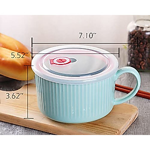 WHJY 30oz Ceramic Bowl with Lid and Handle for Soup and Instant Noodles Soup Mug, Modern Simple Style, with Heat Preservation Handle - Blue