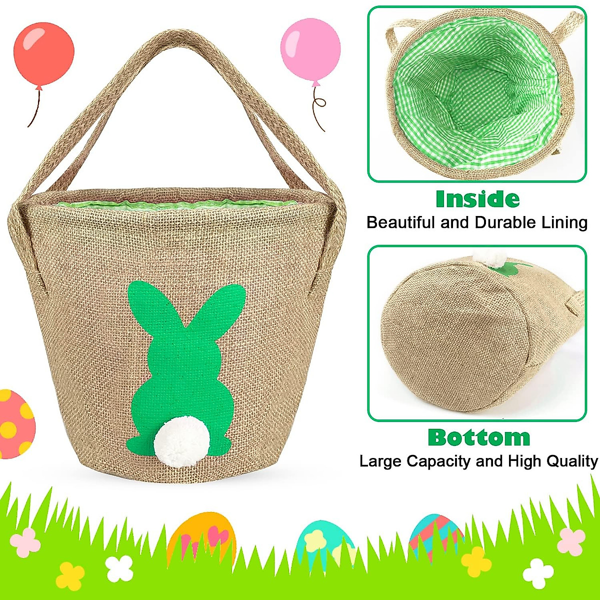 Leesgel Easter Baskets for Kids, Bunny Basket Easter Egg Hunt Baskets, Rabbit Buckets Large Easter Basket Gifts Bags for Boys Girls （Green)