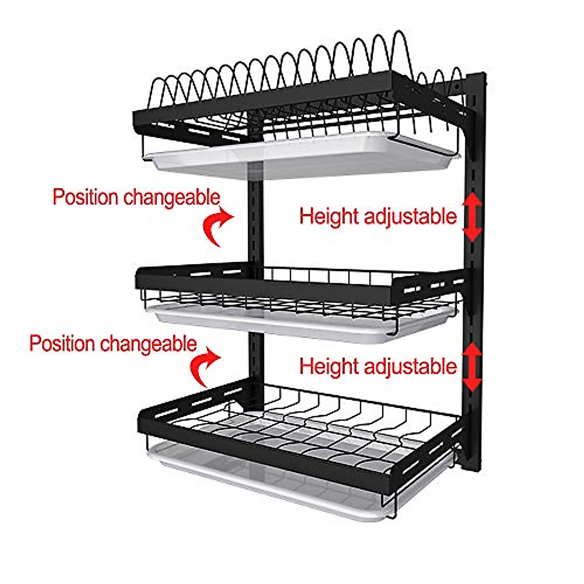 junyuan Hanging Dish Drying Rack Wall Mount,Dish Racks Drainer,3 Tier Kitchen Plate Organizer Storage Shelf with Drain Tray with 3 Hooks,Stainless Steel Black Coating (3 Tier, 21.8)