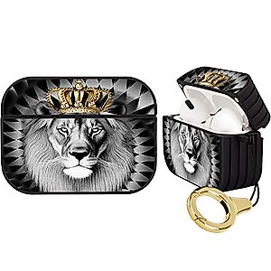 Black Hard Plastic Case for Airpods Pro Magnetic Lock Full Body Protective Shockproof Cover Lion Design Wireless Charging Case with Ring for Airpods Pro
