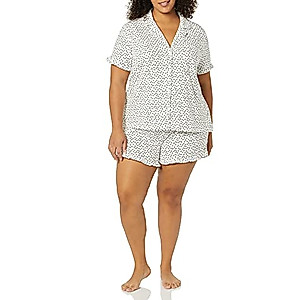 Amazon Essentials Women's Cotton Modal Piped Notch Collar Pajama Set (Available in Plus Size), White Dots Print, Small