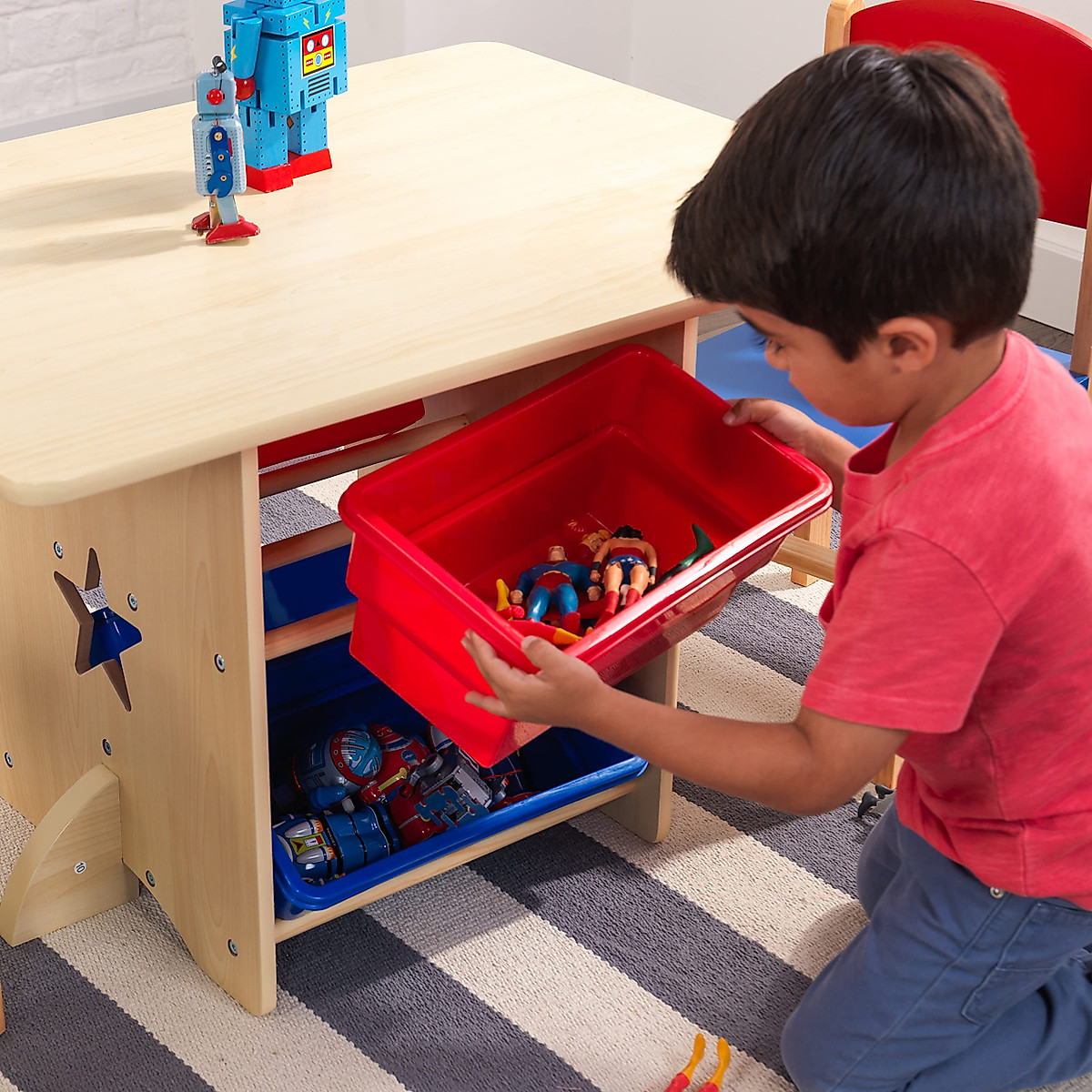KidKraft Wooden Star Table & Chair Set with 4 Storage Bins, Children's Furniture – Red, Blue & Natural