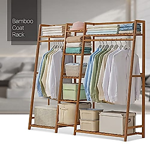MoNiBloom Bamboo 5-Tier Garment Rack with 2 Hanging Rods Free Standing Heavy Duty Clothing Rack Wardrobe Closet Organizer for Bedroom Living Room, Brown