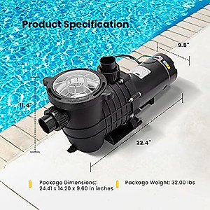 VIVOHOME Upgraded CEC Certificated 2.0 HP 6800 GPH Powerful Self-Priming Pool Pump with Strainer Basket for Pool 15,000-30,000 Gallons w/ 1.5&2.0 inch inlet