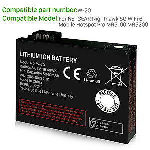 SHENMZ W-20 Battery for NETGEAR Nighthawk 5G WiFi 6 Mobile Hotspot Pro by AT&T W-20 MR5100 MR5200, MR5200-100EUS Higher Capacity Replacement Battery