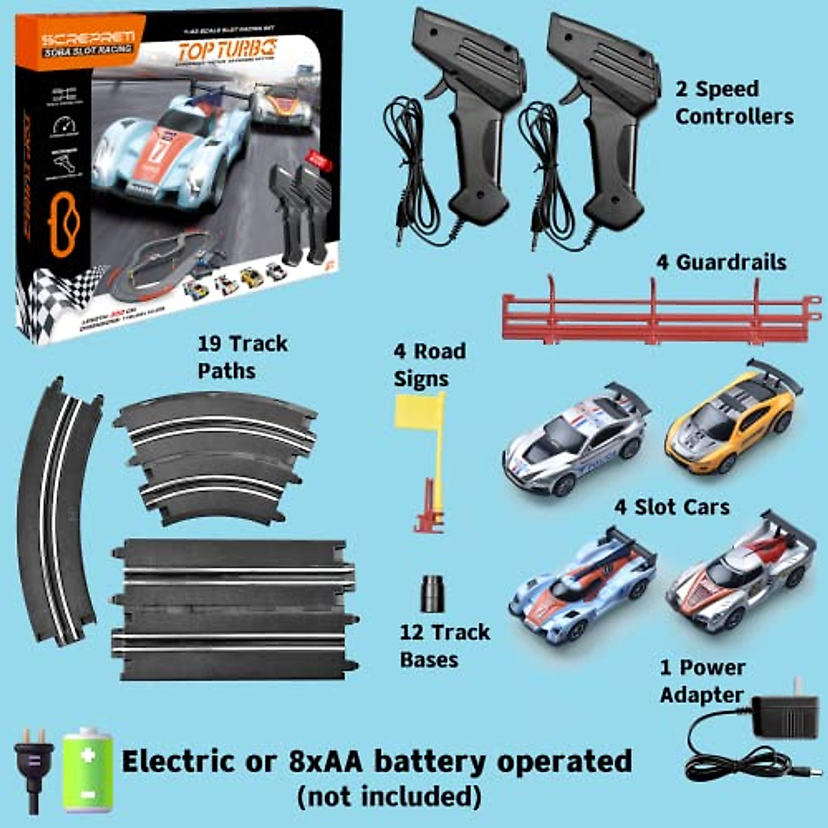 Electric Racing Tracks for Boys and Kids Slot Car Race Track Sets Including 4 Slot Cars 1:43 Scale and 2 Hand Controllers, Gift Toys for Children