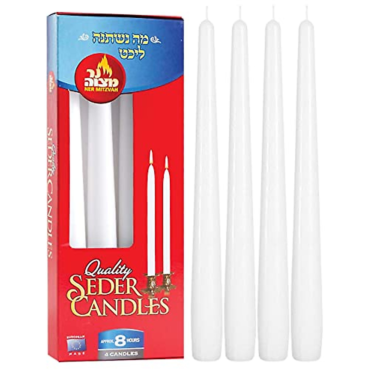 Ner Mitzvah Passover Seder Candles - 8 Hour Burn Time - European Made - Pack of 4 Taper Candles