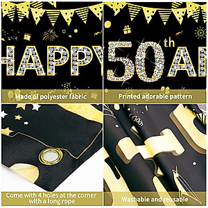50th Anniversary Banner Decorations, Gold 50 Wedding Anniversary Party Banner Sign Supplies, Happy 50th Anniversary Party Decor Photo Booth Props for Outdoor Indoor(9.8x1.6ft)