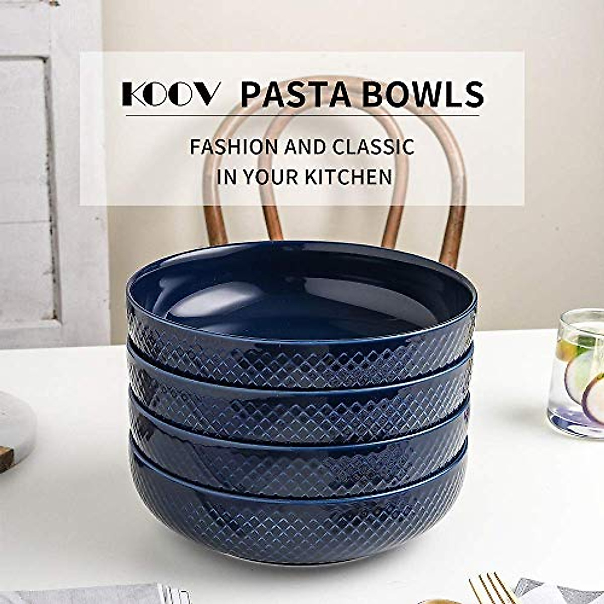 KOOV 46 OZ Pasta Bowls Set of 4, Ceramic Bowl, Large Bowl For Eating, Large Salad Bowl Set of 4, Dinner Bowls Set Microwave Safe (Aegean)
