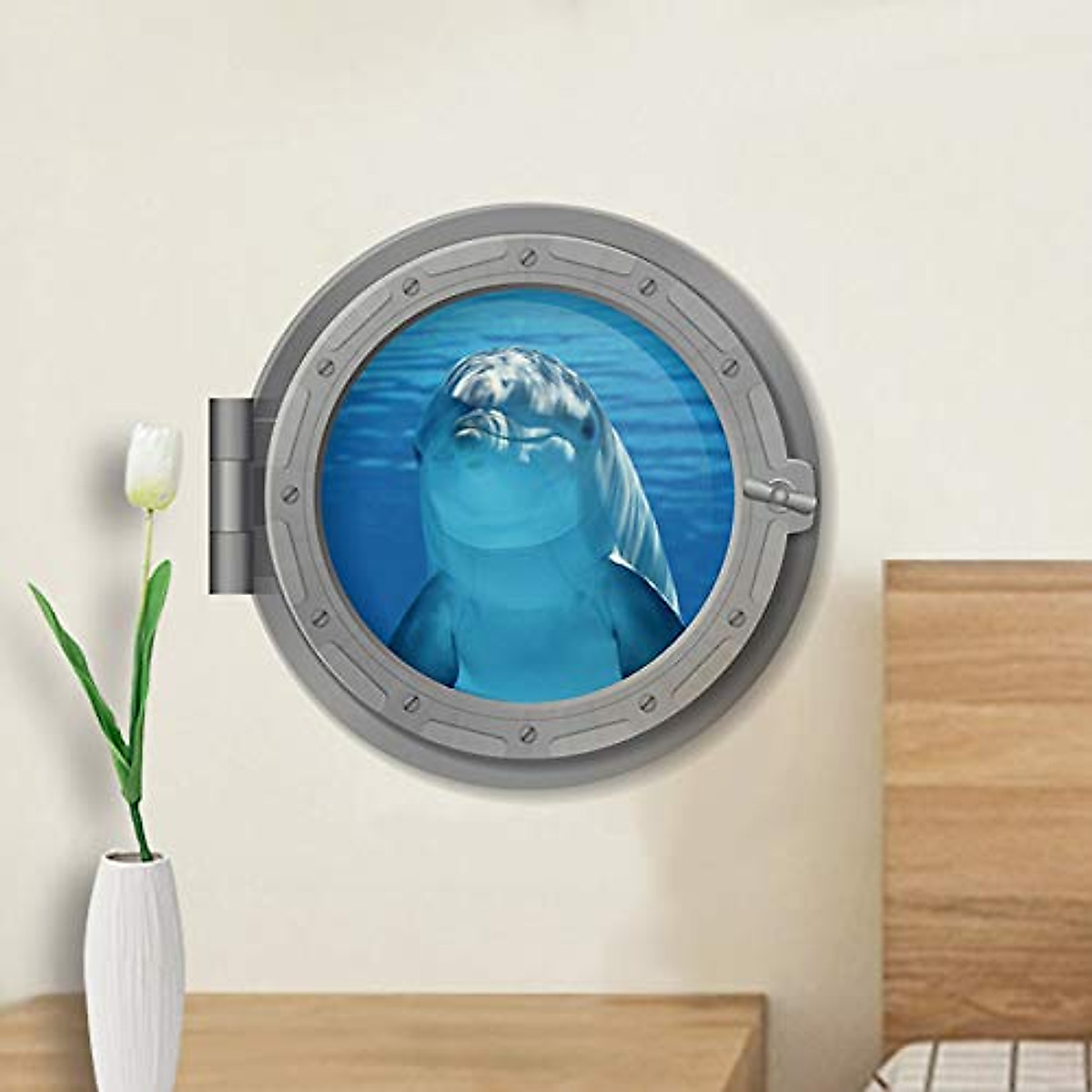 BooDecal 11 x 11 inch Cute Dolphin Undersea Series Porthole Fake Window Removable Wall Decals Swimming Sea Fish Waterproof Wall Stickers for Childrens Playroom Nursery Bathroom