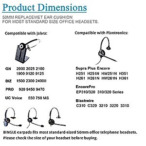 Bingle Ear Cushions Leatherette Spare Replacement for Plantronics Supra Plus Encore and Most Standard Size Office Telephone Headsets H251 H251N H261 H261N H351 H351N H361 H361N (10 Pack)(BEC-LTH10)