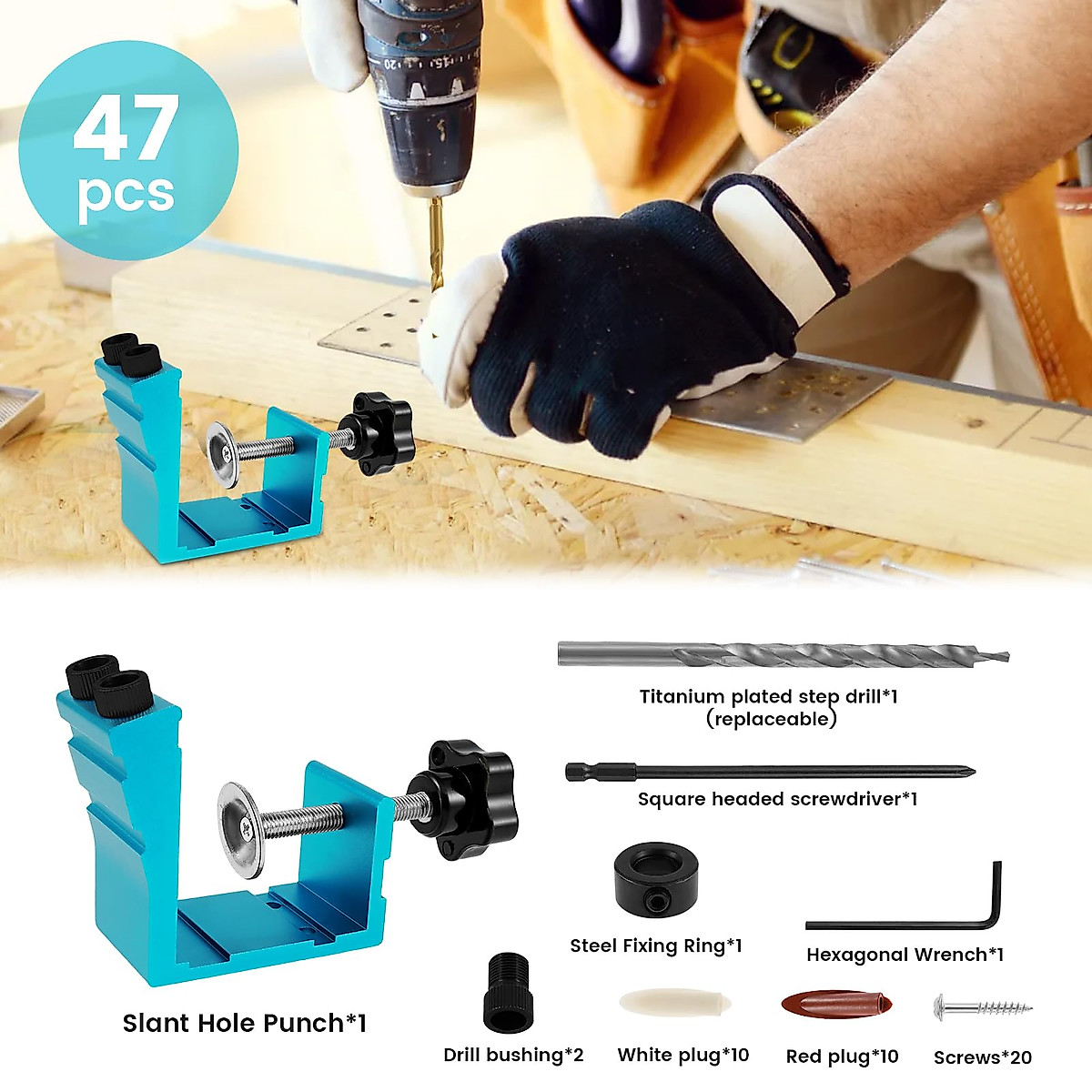 47Pcs Pocket Hole Jig Kit, Aluminum Alloy Pocket Screw Jig Drill Guide, Sturdy 15° Angled Hardware Holes Drilling Positioner, Woodworking Punch Locator Tool with 20 Screws 1 Hex Key for Carpentry