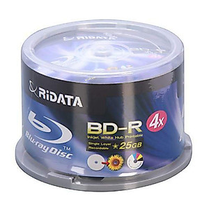 Ridata Ritek Blu-Ray (BD-R) White Inkjet Hub Printable 4X BD-R Media 25GB 50 Pack in Cake Box (BDR-254-RDIWN-CB50)
