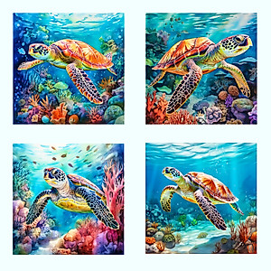 4 Piece 6"x6" Sea Turtles Fabric Panel Squares - Quilting Sewing Blocks