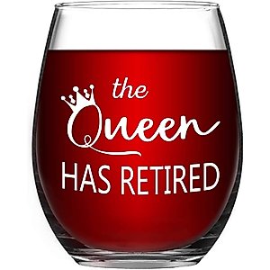 YHRJWN Retirement Gifts For Women - The Queen Has Retired Wine Glass - 15 oz Funny Stemless Wine Glass - Funny Retirement Gift for Her Mom Coworker