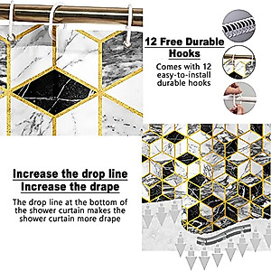 4 Pcs Bathroom Shower Curtain Set, Honeycomb Marble Bathroom Sets with Rugs(Bath Mat,U Shape and Toilet Lid Cover Mat) and 12 Durable Hooks