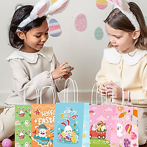 24PCS Easter Treat Bags with Handles, Easter Bags for Treats, Easter Party Favor Bags, Easter Gift Bags, Easter Egg Hunt Bags Decorated with Happy Easter Bunny and Chicks Pattern for Kids Spring Party
