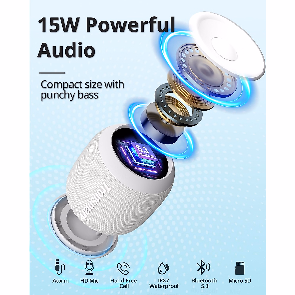 Tronsmart T7 Mini Compact Portable Bluetooth Speaker with Lights, Stereo Sound, Bluetooth 5.3, 18H Playtime, Stereo Pairing, Voice Assistant, IPX7 Waterproof Shower Speaker & Outdoor Speakers (Grey)