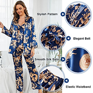 Arwser Women's Silk Satin Pajamas Set 4 Pcs Sleepwear Cami Top Pjs with Shorts and Robe Blue