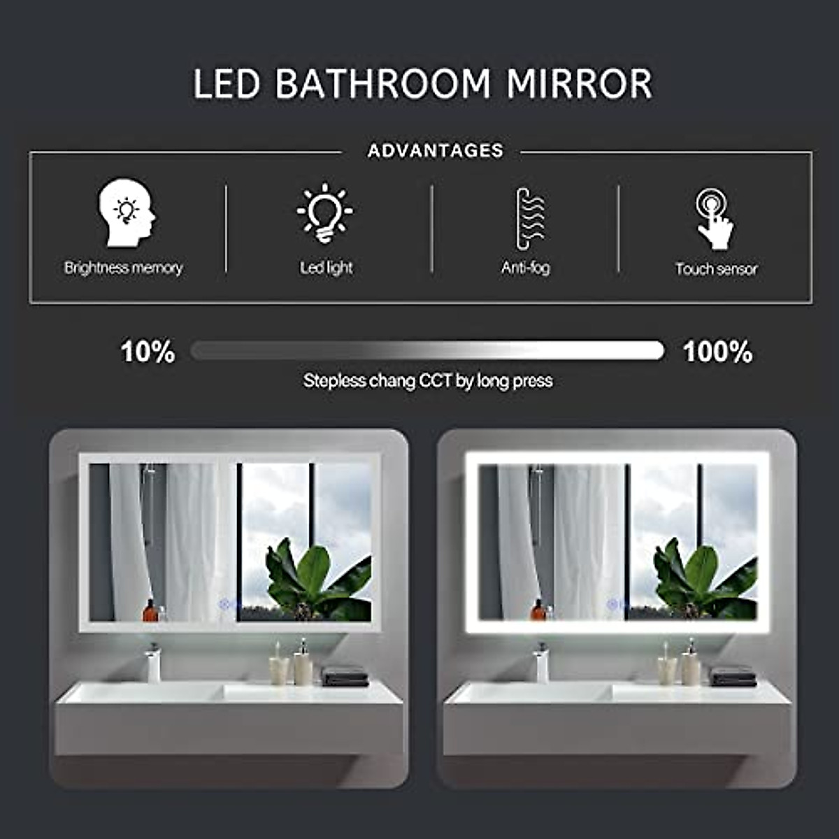 DP Home Makeup Wall-Mounted Mirrors, LED Backlit Frameless Wall Mirror, HotelBathroom Vanity Mirror with Touch Button, Anti Fog, Dimmable, Vertical & Horizontal Mount, 60 x 28 in (E-CK010-CG)
