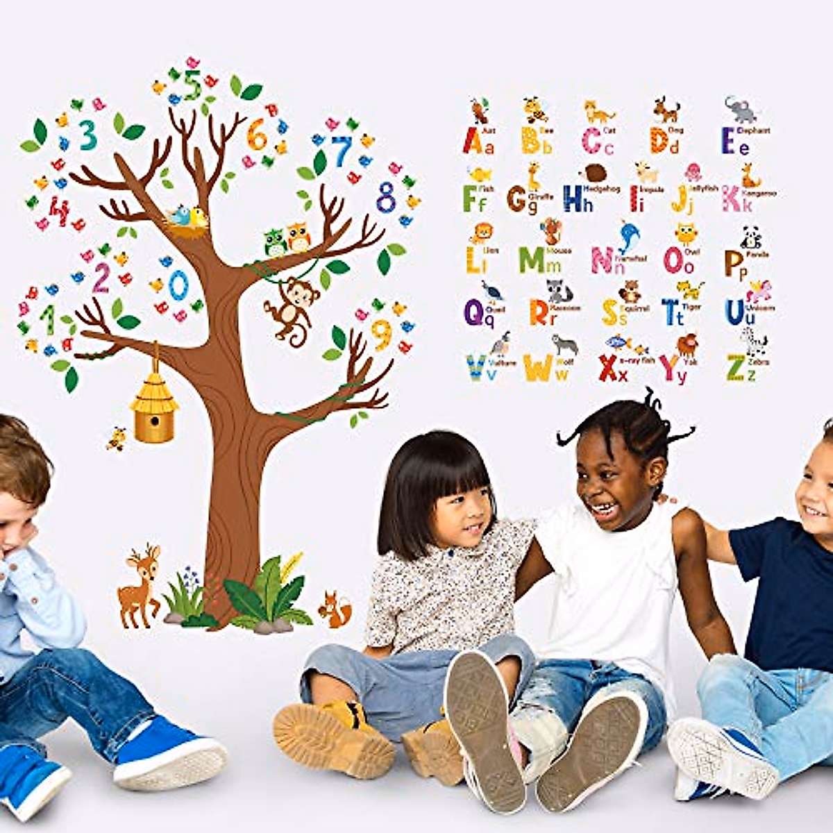 3 Sheets Animal Alphabet and Numbers Tree Wall Decals ABC Letters and Birds Numbers Peel and Stick Wall Stickers for Welcome Back to School Classroom Decorations Kids Bedroom Living Room