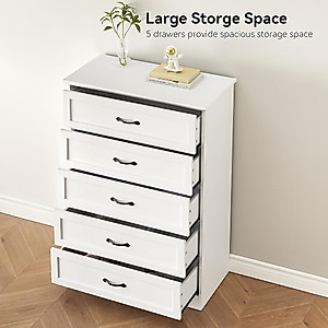 coucheta 5 Drawers Dresser, Chest of Drawer with Metal Handle, Modern Dresser with Large Storage Space, Farmhouse Wood Dresser for Bedroom, Living Room, Hallway, White