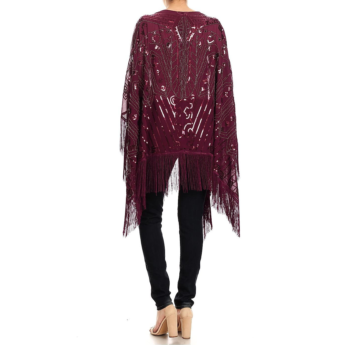 Anna-Kaci Womens Oversized Gatsby Hand Beaded Fringed Sequin Evening Shawl Wrap, Burgundy, Onesize