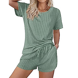 Ekouaer Women's 2 Piece Lounge Sets Ribbed Knit Matching Outfits T-shirt and Shorts Sets Loungewear Casual Pajamas Green Small