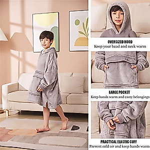 Blanket Hoodie Kids, Oversized Wearable Blanket Sweatshirt with Hood Pocket&Sleeves, Soft Thick Flannel Sherpa Hooded Blanket for Teens Boys Girls