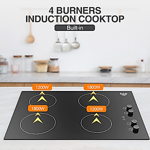 Induction Cooktop 30 Inch, 6000W Electric Stove Top 4 Burners Induction Burner Countertop and Built-in POTFYA,220v-240v Knob Control,Ceramic Glass Surface, Suitable for Magnetic Pans