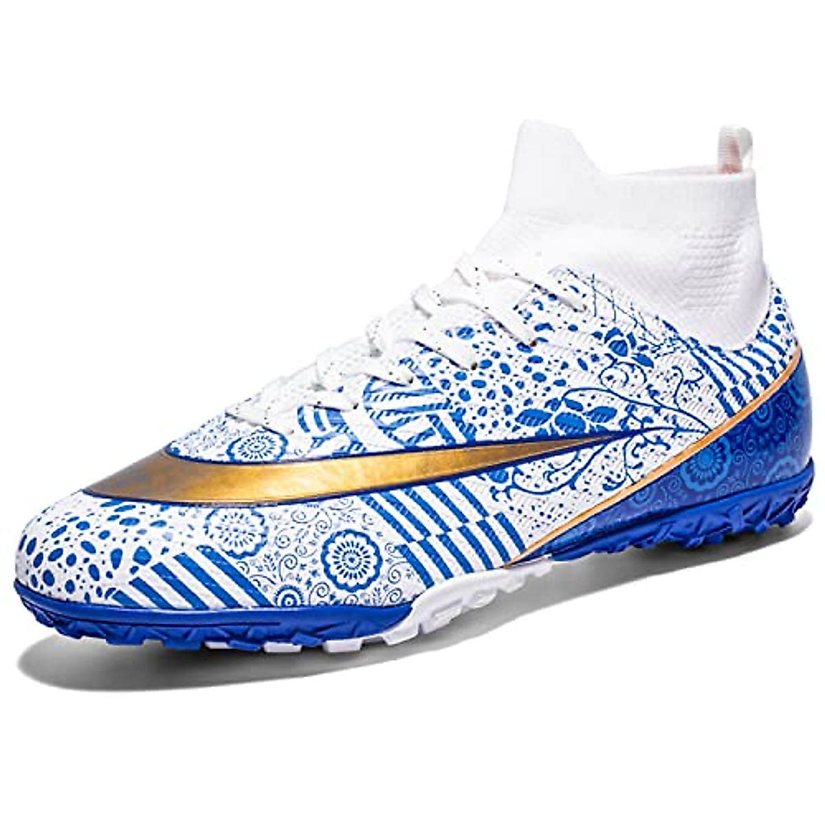 WINGFAI Men's Soccer Shoes Cleats Professional High-Top Breathable Athletic Football Shoes Outdoor/Indoor Professional Futsal Football Training Sneakers White-Blue 4 US