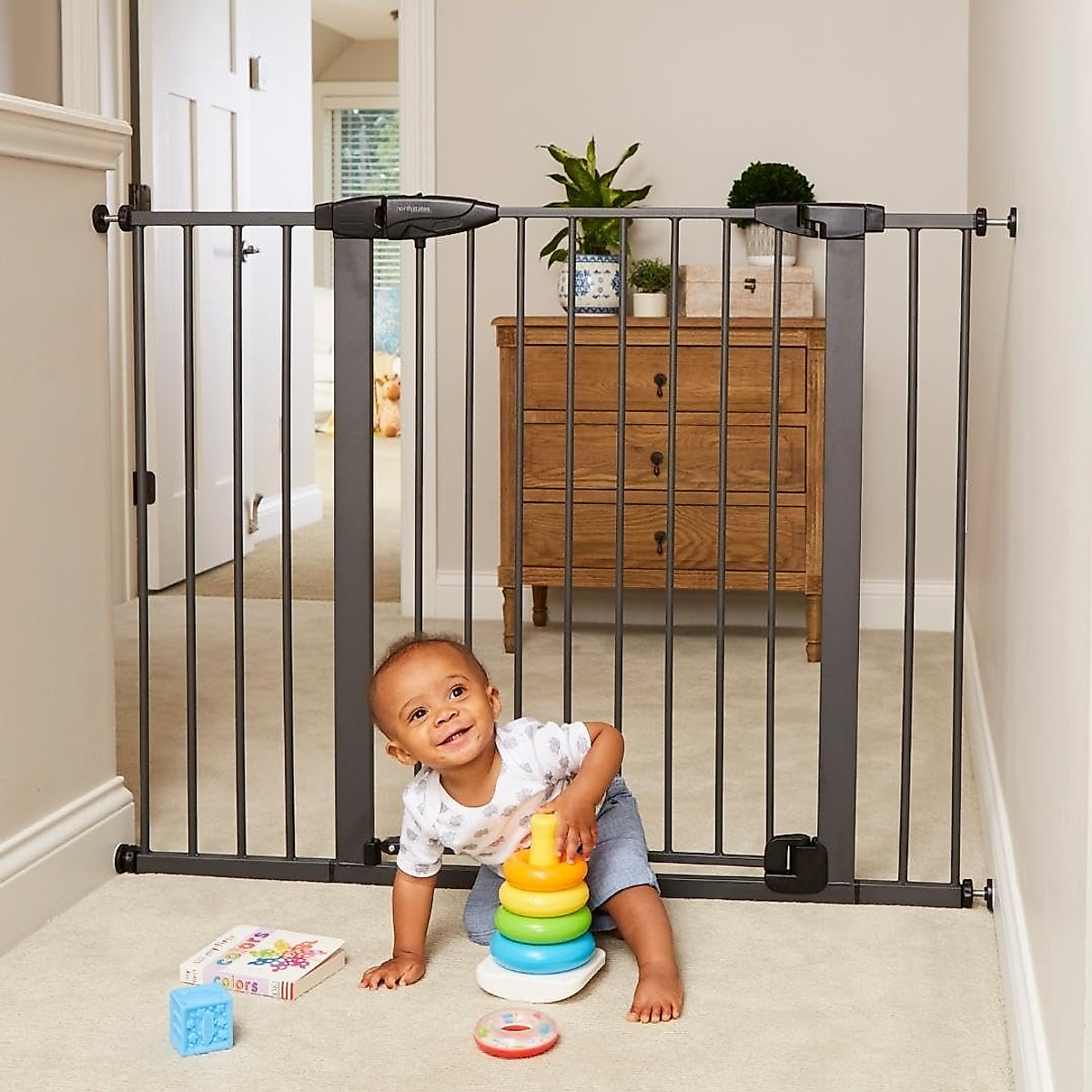 Toddleroo by North States Riverstone Extra Tall & Wide Self-Closing Baby Gate with Door. Pressure Mounted Baby Gates for Doorways, Child Gate Fits Openings 29.75” to 52” Wide. (36" Tall, Graphite)