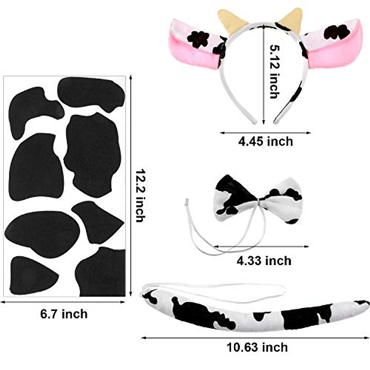 WILLBOND 5 Sheets Cow Felt Pads Adhesive Felt Circles with 1 Set Halloween Cow Ear Headband, Bow Tie and Cow Tail for Halloween DIY Costume, Over 6 Years