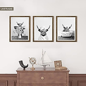 YLYYOO Funny Highland Cow Bathroom Wall Art,black and White Canvas Wall Art Farmhouse Bathroom Wall Decor,highland Cow Pictures Prints for Wall Decor Set of 3 Unframed. (Black,3PCS-12"x16"-Unframed)