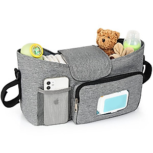 Accmor Universal Stroller Organizer with Insulated Cup Holder, Stroller Caddy Bag Accessories, Stroller Cup Holder Organizer for Uppababy Baby Jogger Britax Stroller, Grey