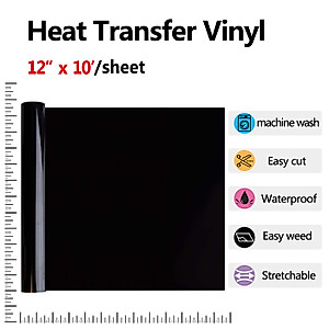 RENLITONG Black HTV Iron on Vinyl 12Inch by 10ft Roll HTV Heat Transfer Vinyl for T-Shirt HTV Vinyl Rolls for All Cutter Machine - Easy to Cut & Weed for Heat Vinyl Design